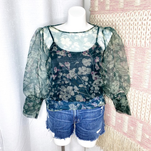 Mango | Tops | Mango Green Floral Sheer Puff Sleeve Blouse Womens Large ...